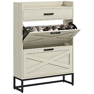 HOMCOM Narrow Shoe Cabinet, Industrial Shoe Storage Cabinet with 2 Flip Drawers, Adjustable Shelves, and Top Drawer, Entryway Hidden Shoe Storage for 12 Pairs of Shoes, Distressed White