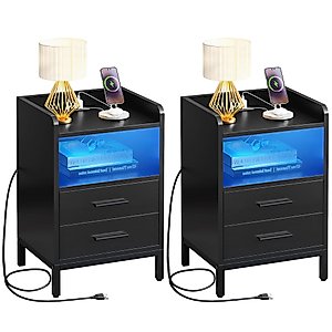 YITAHOME Nightstand with Charging Station and LED Lights, End Side Table with 2 Drawers, Modern Bedside Table for Bedroom with USB Ports and Outlets, Open Storage, Black