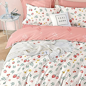SAPHREAS Sweet Strawberry Pink White Duvet Cover Set Queen Size Cotton 3 Piece Girls Bedding Comforter 1 Duvet Cover 2 Pillow Shams