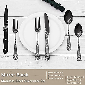 EUIRIO 48-Piece Black Silverware Set with Steak Knives, Black Flatware Set for 8, Stainless Steel Cutlery Set, Knives and Forks and Spoons Sets,Unique Pattern Design,Mirror Polish and Dishwasher Safe