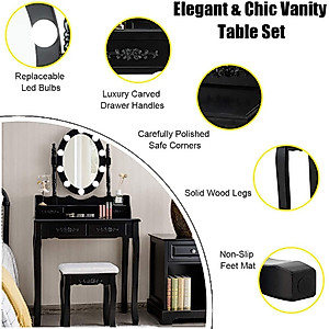 LDAILY Vanity Table Set w/Lighted Mirror, Makeup Vanity Table with 10 LED Lights, 4 Drawers & Oval Mirror, Bedroom Dressing White Black Dark Brown BC-HW66050US Vanity Table Set with Lighted Mirror