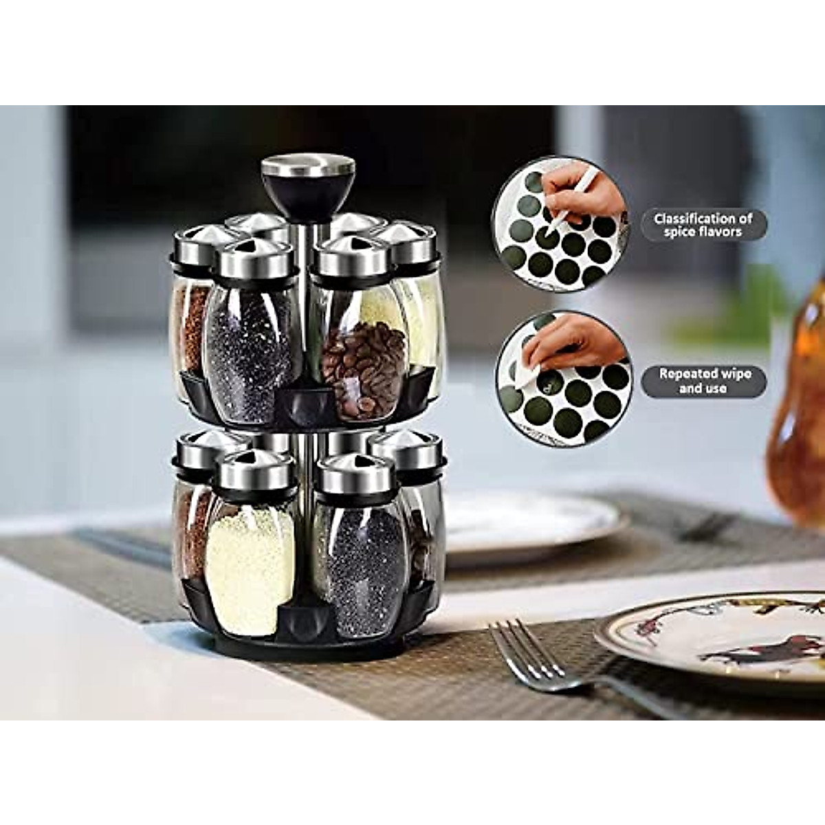 Revolving Spice Rack Organizer Countertop, Spinning Spice Storage Rack Tower Organizer with 12 Empty Jars, Rotating Spice Holder Shelf Seasoning Rack Shelf, Spice Seasoning Bottle Organizer