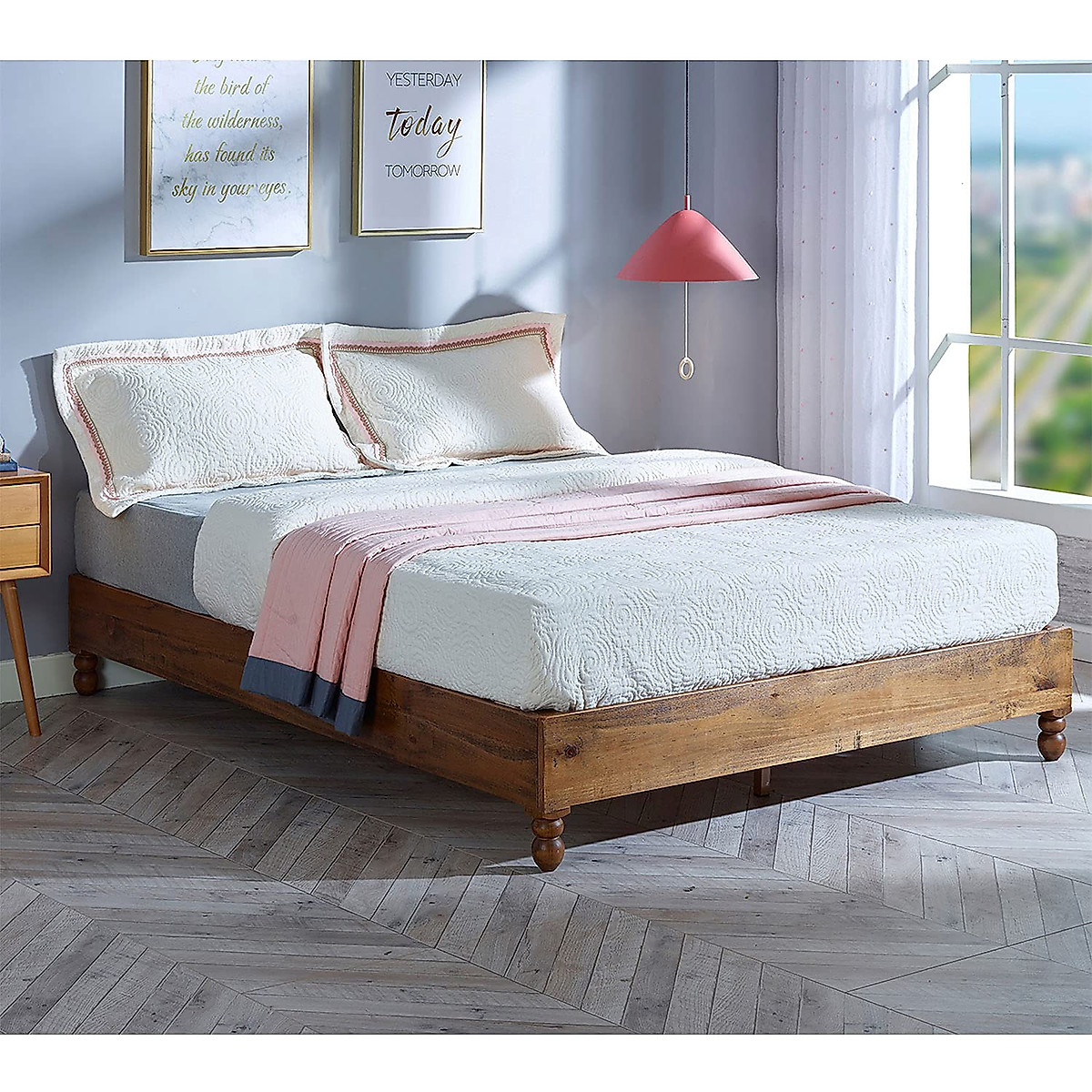 MUSEHOMEINC 12 Inch Solid Wood Bed Frame Rustic Style Eliminates The Need for a Boxspring, Natural Finish, Queen