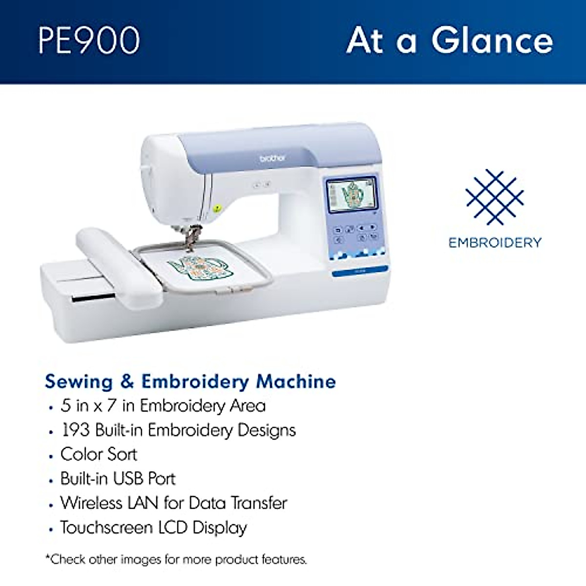 Brother New Model PE900 Embroidery Machine, Wireless LAN Connected, 193 Built-in Designs, 5" x 7" Hoop Area, Large 3.7" LCD Touchscreen, USB Port, 13 Font Styles, White