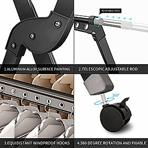 HWAJAN 90 Inches Folding Clothes Drying Rack Indoor Outdoor-Aluminum Collapsible Clothing Drying Racks for Laundry-Heavy Duty Foldable Clothes Dryer Rack with 42 Windproof Hooks,Large,Black