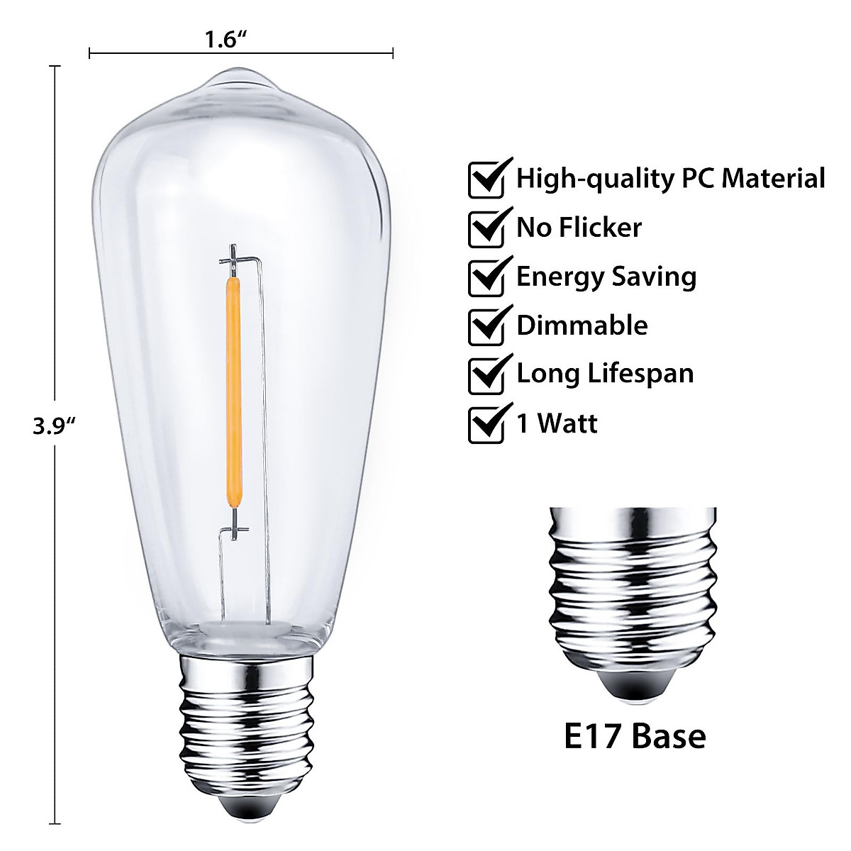 CXLHO 12Pack E17 LED Bulbs ST40 Replacement Light Bulbs, 0.6Watt Per Bulb, Waterproof Shatterproof Dimmable LED Replacement Bulbs for Indoor Outdoor Patio Wedding ST40 String Lights, Warm White, 2700K