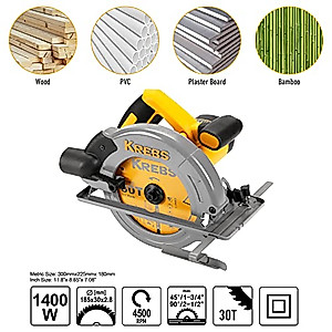 KREBS Circular Saw 4500 RPM Hand-Held Cord Circular Saw, 11 Amp with 7-1/4 Inch Blade, Adjustable Cutting Depth (1-3/4" to 2-1/2") for Wood and Logs Cutting