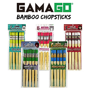 GAMAGO Ninja Bamboo Chopsticks Set-5 Pairs of Adorably Cute Reusable Chop-Sticks-Easy Grip, Lightweight, Durable, 9.25 Inches, Red