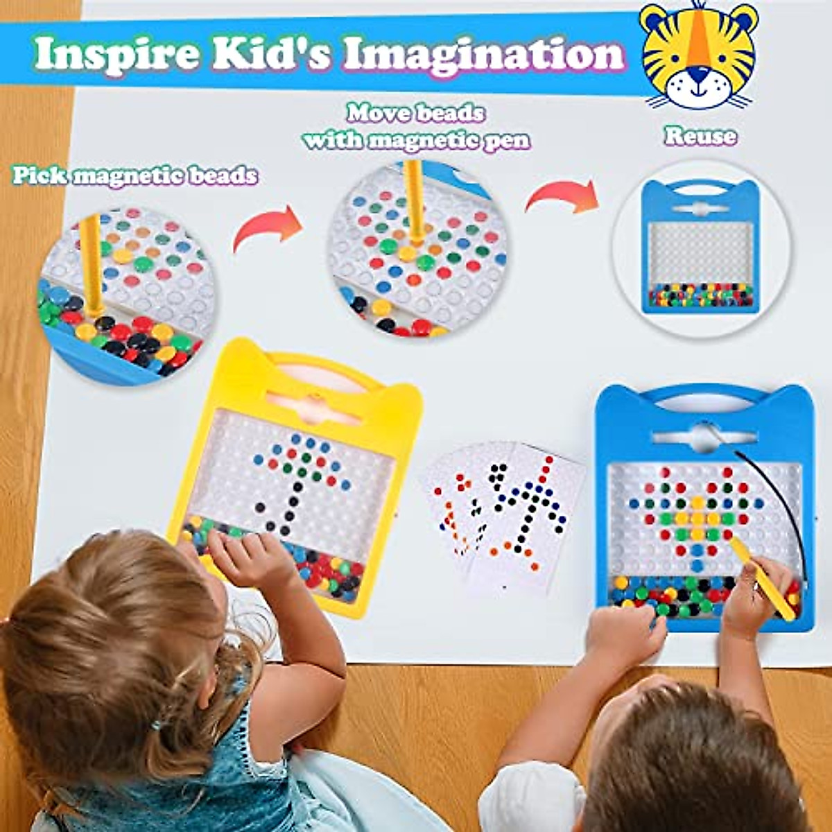 Magnetic Drawing Board for Kids, Toddler Magnet Doodle Board with Beads and 2 Pens, Magnetic Dot Art, Montessori Fine Motor Skills Toys, Airplane Car Travel Activities for Boys Girls (Blue Cat)