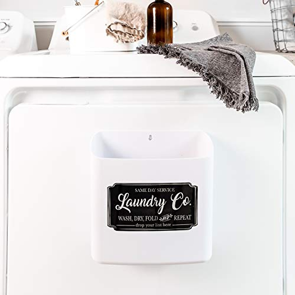 Lint Bin for Laundry Room Modern Farmhouse Decor Magnetic Container - Includes Wall or Magnetic Mount Accessories With Sign