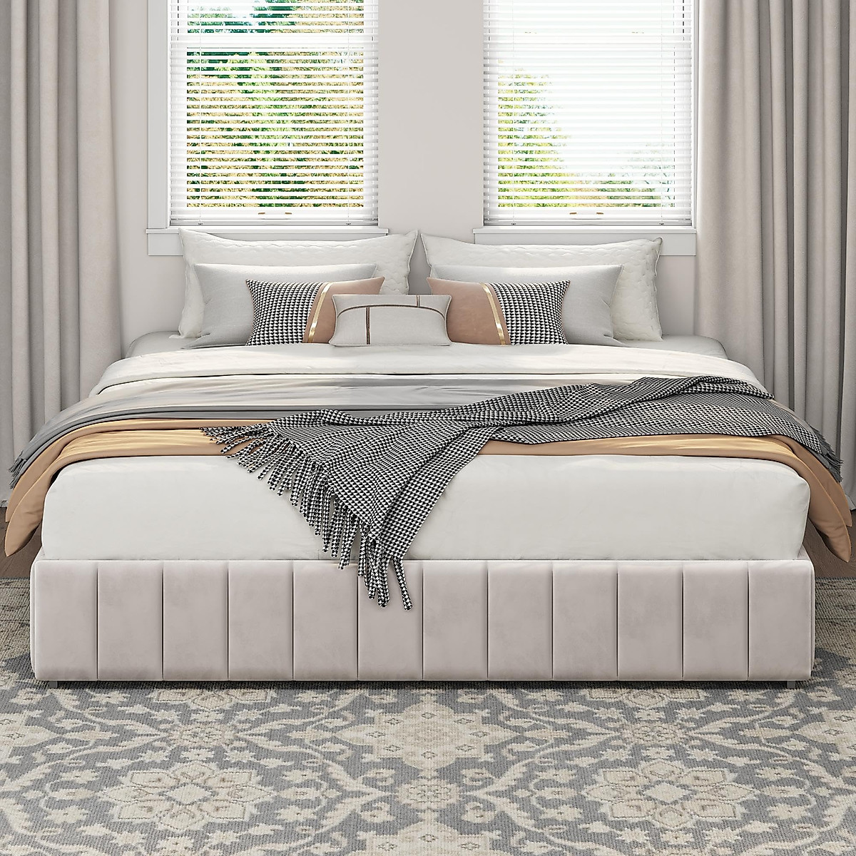 Yaheetech King Bed Frame Upholstered Platform Bed with 4 Storage Drawers, Large Storage Space/Strong Wooden Slats/Non-Slip and Noise-Free/No Fixed Headboard/No Box Spring Needed/Beige King Bed