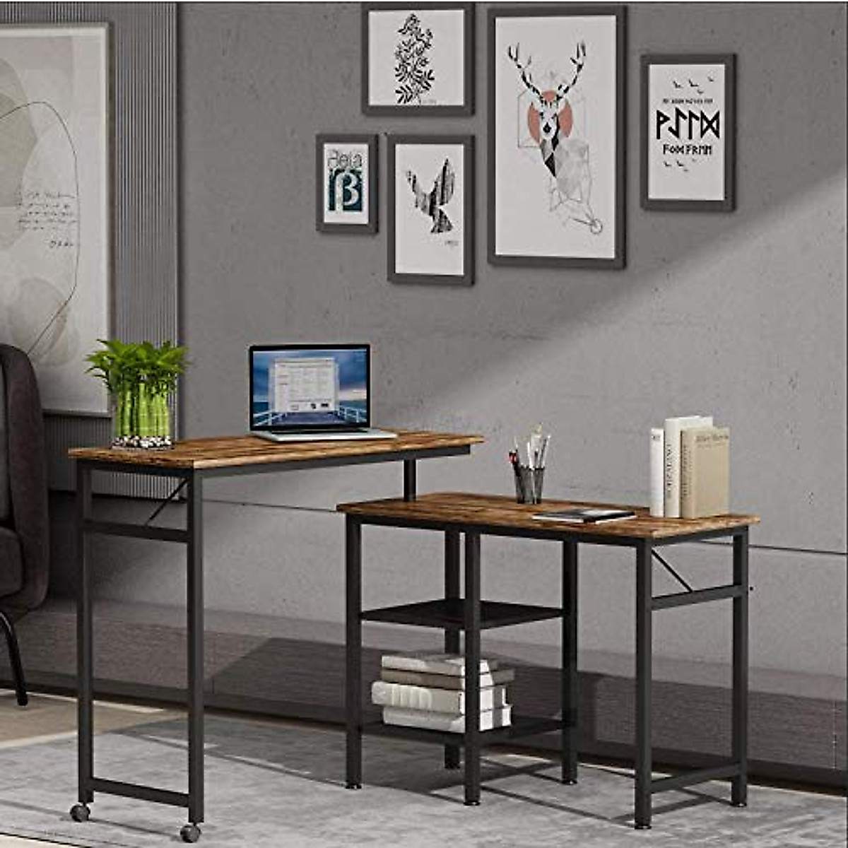 TITA-DONG L-Shaped Computer Desk,Industrial Office Desk with 2-Tier Storage Shelves,Multifunctional Adjustable Rotating Double Corner Computer Desk for Home Office