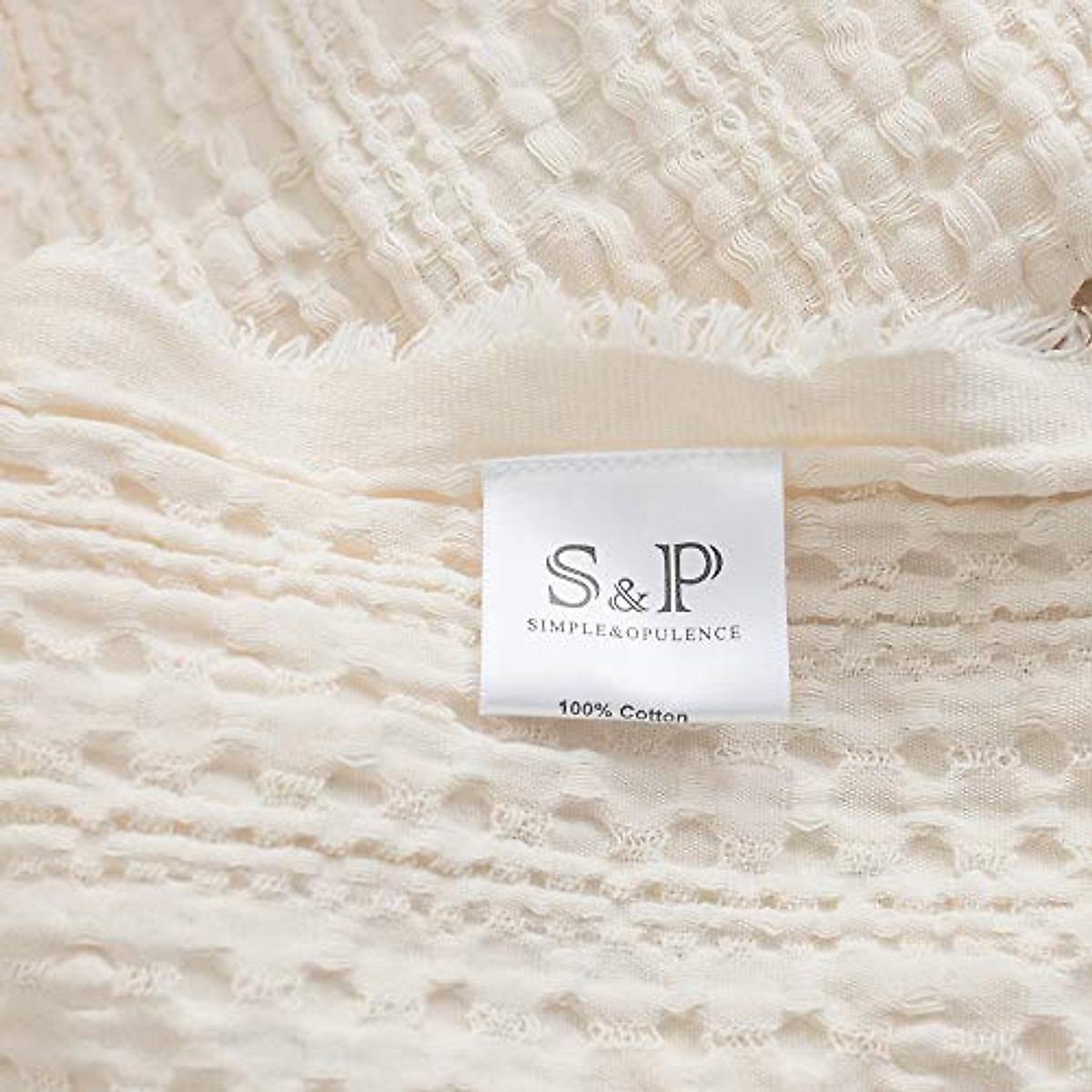 Simple&Opulence 100% Cotton Throw Blanket for Couch, Bed, Waffle Weave Cable Knit Blanket with Tassels, Soft Lightweight Pre-Washed Breathable Cozy Blanket Farmhouse Decoration for All-Season (White)