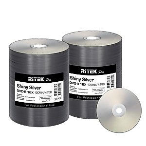 200 Pack Ritek Pro (Professional Grade) DVD-R 16X 4.7GB AZO Dye (MID MXL RG04) Shiny Silver Lacquer Silk Screen Printable Blank Media Recordable Disc