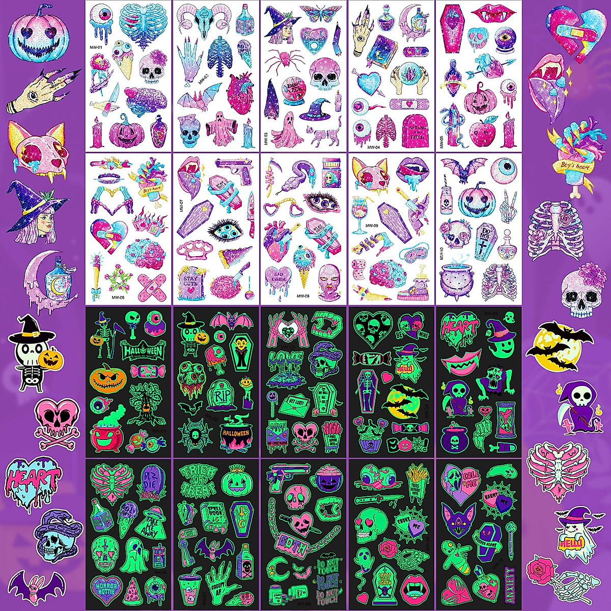Sixberry Glitter Halloween Temporary Tattoos for Girls, 20 Sheets Glow in the Dark Tattoo Stickers for Kids Women Men Halloween Cosplay Costume Accessories Party Favor Decorations Supplies