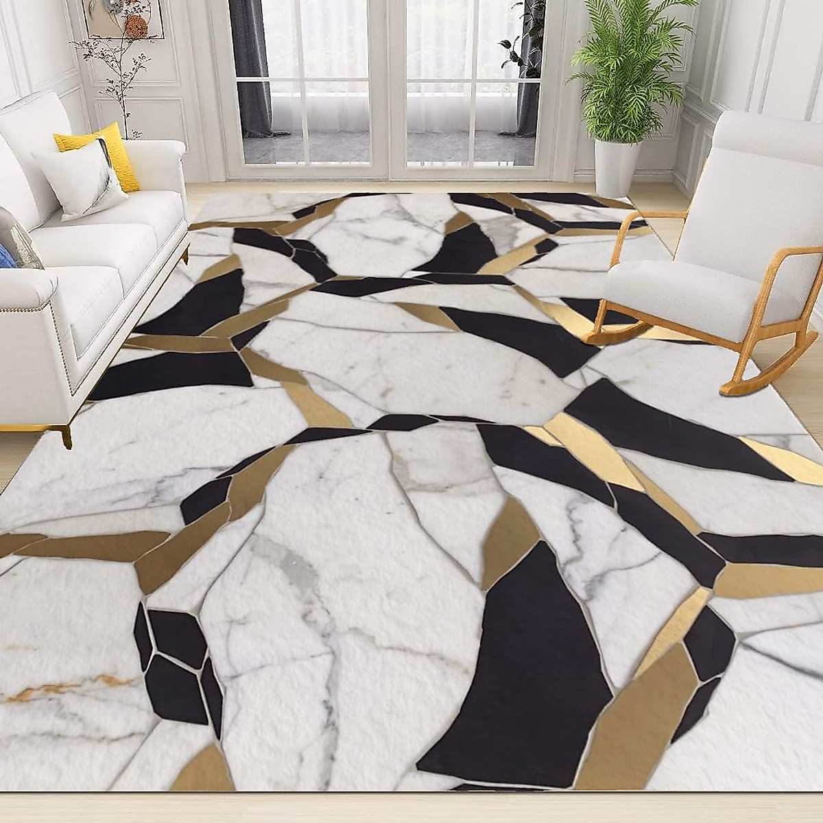 White Black Gold Pattern Area Rugs, Marble Luxury Fashion Floor Carpet for Bedroom, Non Slip Washable Office Rug for Living Room Dining Room and Office 6' x 9'