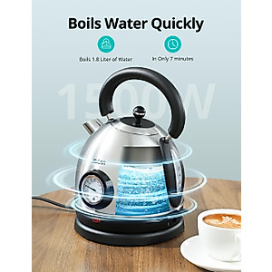 Retro Electric Water Kettle 1.8L Stainless Steel for Boiling Water with Temperature Gauge, Visible Water Level Line, Led Light, Auto Shut-Off & Boil-Dry Protection, 1500W Fast Heating