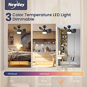 Newday Ceiling Fan with Lights Remote Control, 22 inch Quiet DC Motor Small Ceiling Fans, Dimmable Ceiling Fan for Bedroom, Kids Room, Kitchen (Black)