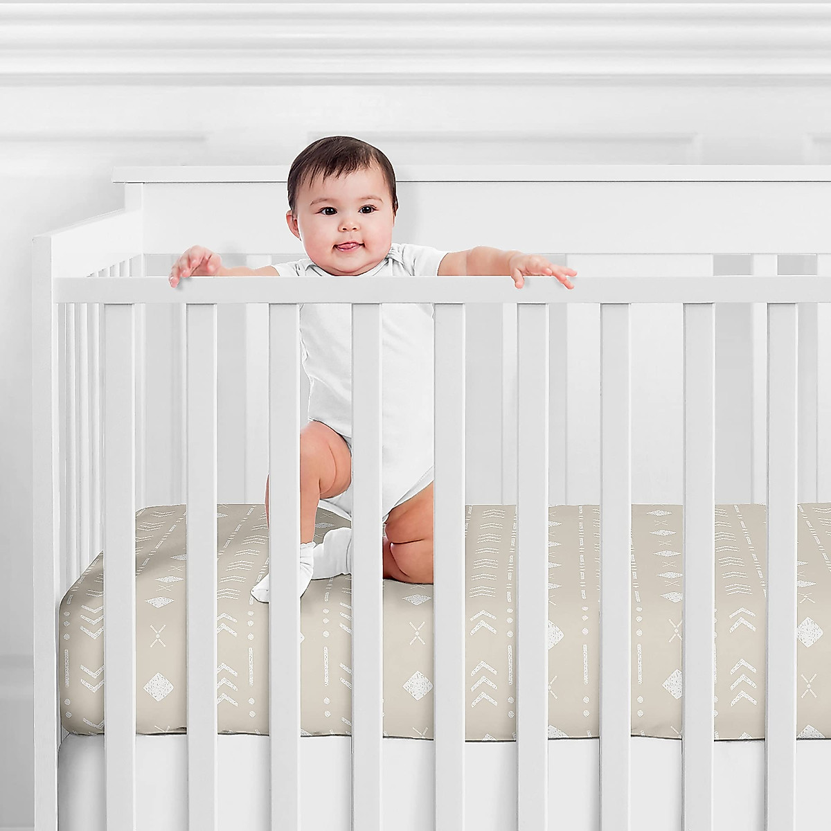 Sweet Jojo Designs Boho Aztec Geometric Boy or Girl Fitted Crib Sheet Baby or Toddler Bed Nursery - Gender Neutral Beige Taupe Tan and White Bohemian Southwest Tribal for Llama Collection