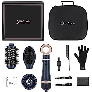 Hair Dryer Brush Set, IG INGLAM 4 in 1 Blowout Brush, Negative Ion Detachable Hair Dryer & Styler Volumizer Hot Air Hair Dryer Brush with 2 Styling Brush Heads, Prussian Blue