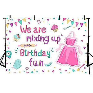 MEHOFOND 7x5ft Baking Cooking Girl Birthday Backdrop We are Mixing Up Some Birthday Fun Pink Cake Kitchen Party Table Banner Decor Photography Props Background Photocall Supplies
