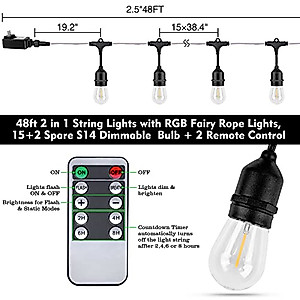 LED Outdoor String Lights, 48FT Patio Lights with Remote & 15 Dimmable Edison Shatterproof Bulbs, RGB Fairy Rope Hanging Light for Outside, Café, Deck, Porch, Garden, Bistro, Christmas Party (Plug)