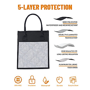 Fmeida Lunch Bag, Insulated Lunch Bag Women, Small Lunch Bag, Thermal Black Lunch Bag with Side&Interior Pockets, Reusable Adult Lunch Tote Bags for Women Men Office Work College Beach Travel