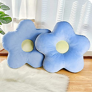 HIG 2 PCS Decorative Flower Throw Pillows, Adorable Accent Floor Pillows with Unique Sunflower Shape, 15 inch Round Fun Daisy Indie Pillows for Sofa Couch Bed Children's Tent, Velvet, Blue (Loren)