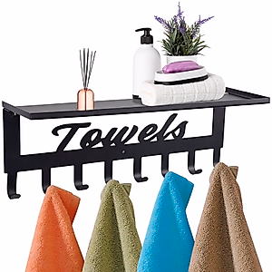 Towel Rack with Shelf for Bathroom - Metal Towels Rack Hanger, Space Saving Towel Holder Rack, Wall Mounted, 8 Hooks, Towel Organizer for Coat Robe Bathrobe in Home Pool Bedroom Beach Living Room
