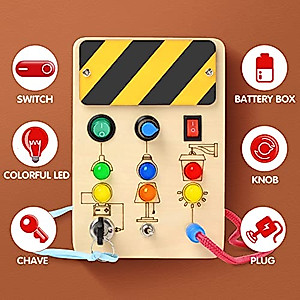 POLKRANE Busy Board with LED Light, Montessori Toys with Toggle Switch, Sensory Toys for Toddlers 1-3, Travel Toys for Educational Toddler Activities for 1 2 3 4 Year Old Boys & Girls