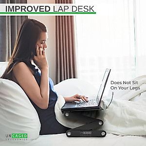 WorkEZ PROFESSIONAL Ergonomic Aluminum Laptop Cooling Stand Lap Desk Tray for Bed Couch. Foldable adjustable height angle tilt notebook computer riser folding desktop holder portable, Black