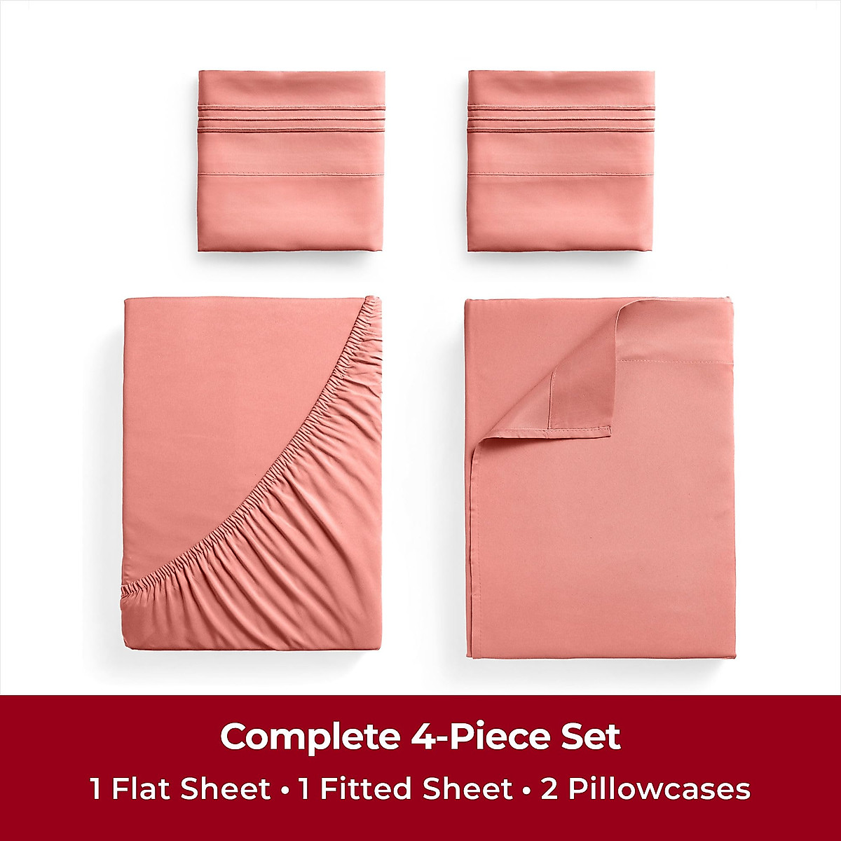 Mellanni Twin Sheet Set - 4-Piece Iconic Collection Bedding, (Including 2 Pillowcases), 16-Inch Deep Pocket, Easy Care, Extra Soft, Cooling Sheets, Brushed Microfiber - Coral