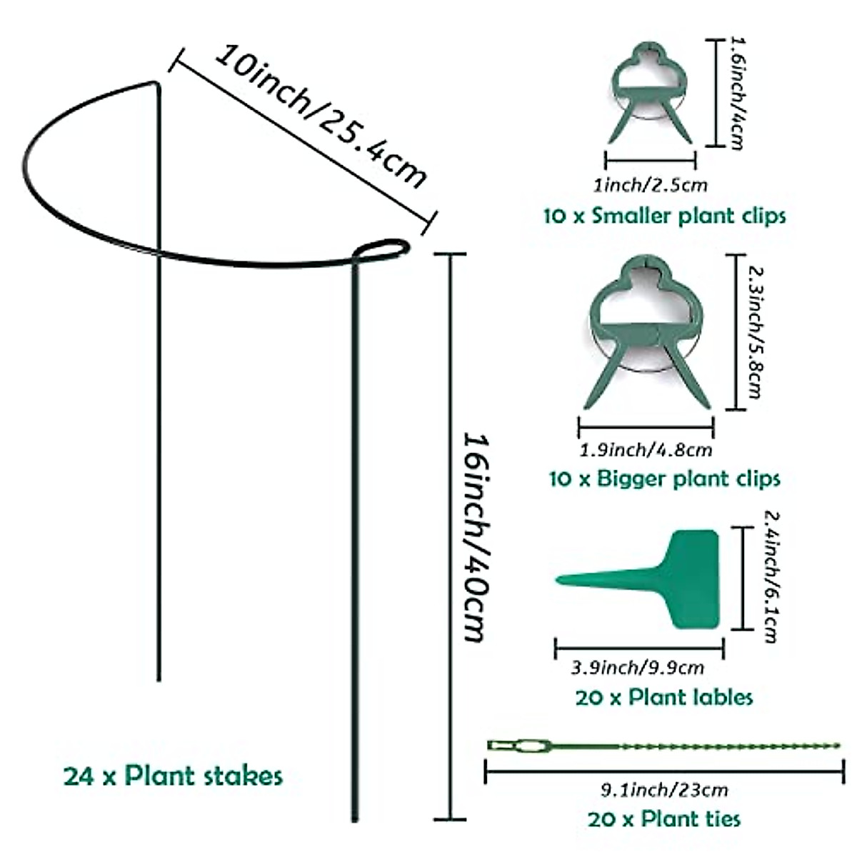 24 Pack Plant Support Stake, Half Round Metal Garden Plant Stake, Green Plant Support Ring, Border Support with Plant Lables & Plant Clips for Outdoor Indoor Plants, Vegetable, Flowers