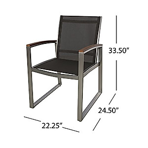 Aubrey Patio Dining Chairs - Aluminum - Outdoor Mesh Seats - Faux Wood Arms - Set of 2 - Silver with Gray and Natural Finish