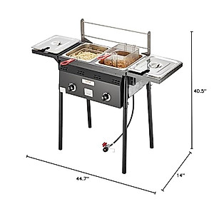 VEVOR Outdoor Propane Deep Fryer, Double Burners Commercial Fryer, 16 Qt Stainless Steel Cooker with Removable Baskets & Lids & Tanks, Oil Fryer Cart with Thermometer & Regulator, For Outdoor Cooking
