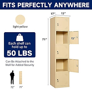 Yizosh Metal Locker with 5 Doors, Tall Steel Storage Lockers for Employees - 71" Locker Storage Cabinets for School, Gym, Home, Office, Garage (Camel)