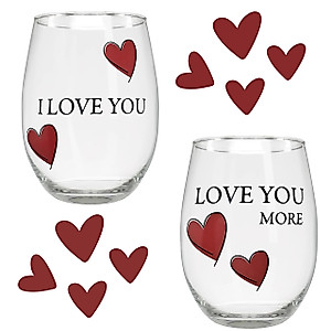 BANBERRY DESIGNS Lover's Wine Glass Set - I Love You, Love You More - Set of 2 - Stemless Wine Glasses with Decorative Hearts - Mr. & Mrs. - His and Her Romantic Glassware 20 oz