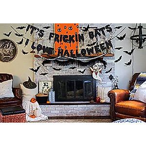It's Frickin Bats I Love Halloween Banner Spooky Home Decor, Halloween Theme Party Decorations with 48 Pieces 3D Bats Wall Decor, Halloween Decoration Set for Home Party Fireplace Mantle Decor