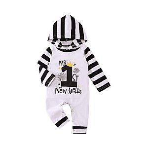 TUEMOS Baby New Year Romper Newborn Baby Boy Girl Clothes My First New Year Letter Print Stripe Hoodie Bodysuits Outfit