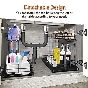 JIKEXINGMENG 2-Tier Under Sink Organizer with Slide-Out Shelves - Easy-to-Install Metal Storage Basket Drawer - Ideal for Kitchen, Bathroom, and Pantry Cabinets - Fits 11-Inch Cabinet Opening