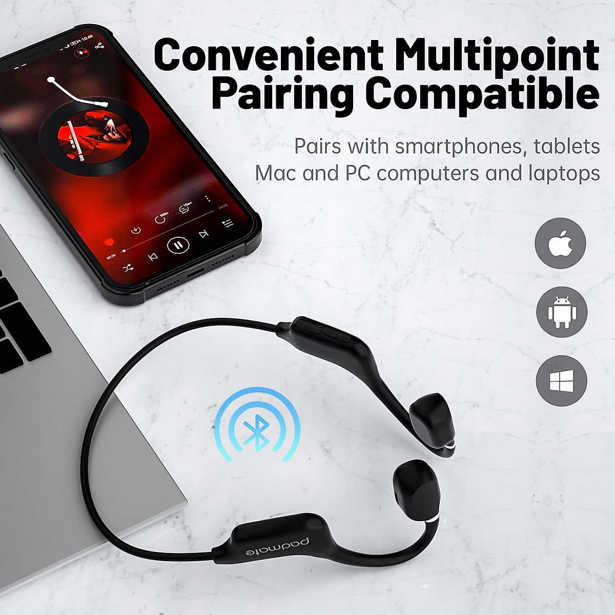 Padmate Open-Ear Air Conduction Headphones Bluetooth Wireless Earbuds with Mic, Sport Headset Bluetooth 5.0 Wireless Earphones for Workouts, Foldable/Lightweight/8Hr Playtime/IP67 Waterproof (Black)