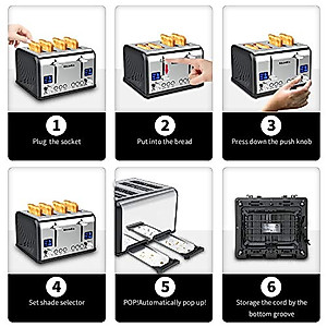 KitchMix Toaster 4 Slice, Bagel Stainless Toaster with LCD Timer, Extra Wide Slots, Dual Screen, Removal Crumb Tray (Gray)