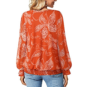 Bodhi talk Blouses for Women 2024 Elegant V Neck Lantern Long Sleeve Shirts Pleated Puff Sleeve Mesh Blouse Business Casual Outfits Cute Fall/Womens Print Dressy Tops Orange Floral Medium