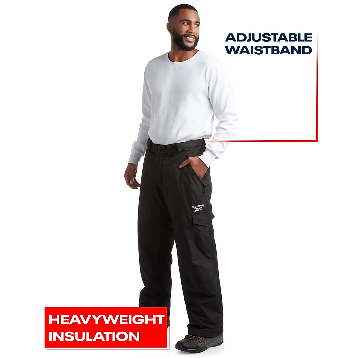 Reebok Men's Snow Pants - Heavyweight Waterproof Snowboard Pants with Cargo Pockets, Snow Gaiters - Ski Pants for Men, M-XXL, Size X-Large, Black