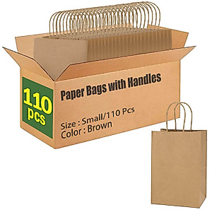 AlexHome 110 Pcs Brown Paper Bags with Handles,5.8 x 3.2 x 8.2 Inches,Size Small,Paper Gift Bags,Kraft Paper Bags Bulk for Grocery/Business Owners/Shopping/Party/Goody/Retail/Takeouts/Birthday/christmas,Brown,Small,110 Pcs