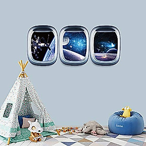 3D Space Capsule Window Wall Stickers Universe Outer Space Wall Decals，Peel and Stick Removable Astronaut Decal for Bedroom Living Room Kids Room Door Home Decor(Each pcs: 23" x 17")