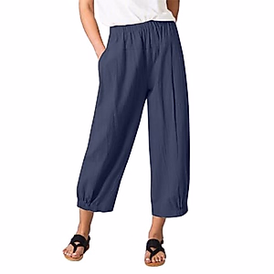 Womens Capri Yoga Pants Wide Leg Loose Comfy Lounge Cropped Capris with Pockets Dark Blue Large