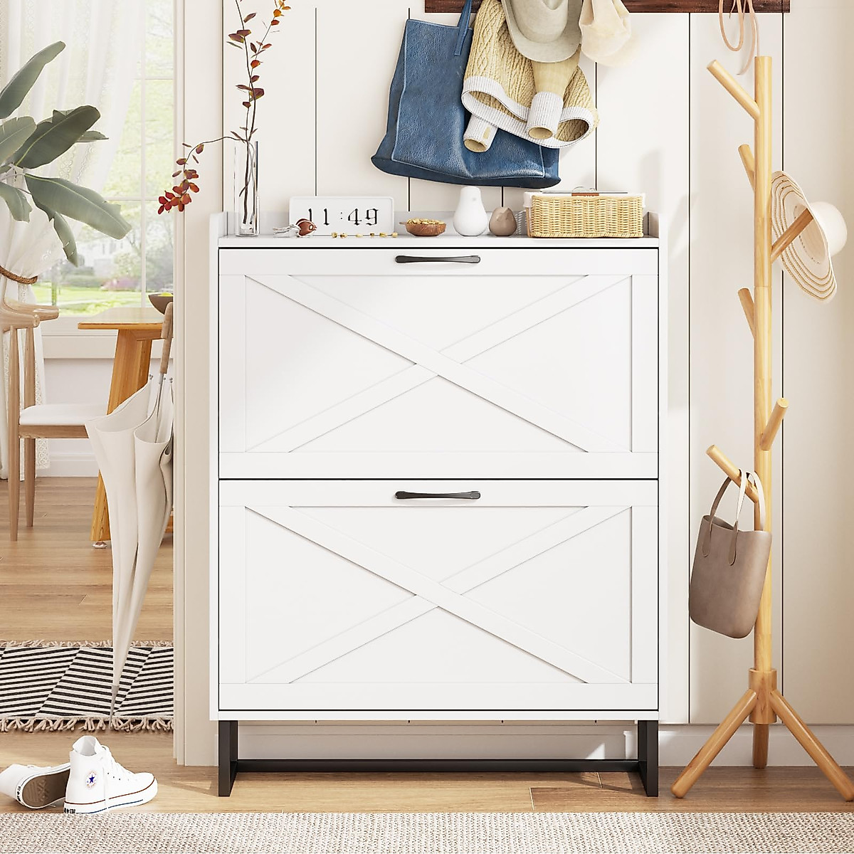 Maupvit Shoe Cabinet with 2 Flip Drawers, Freestanding Shoe Cabinet Organizer with Metal Legs, Shoes Storage Cabinet for Entryway, Narrow Shoe Rack Cabinet, White