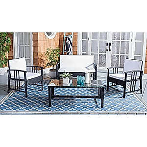 SAFAVIEH Outdoor Collection Reslor Wicker Cushion 4-Piece Living Set PAT7713A, Black/White