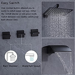 FSCEPIXI 3 Handles Tub Shower Faucet,Shower Faucet Set with Waterfall Tub Spout,Shower Trim Kit with Valve,Wall Mounted,Matte Black